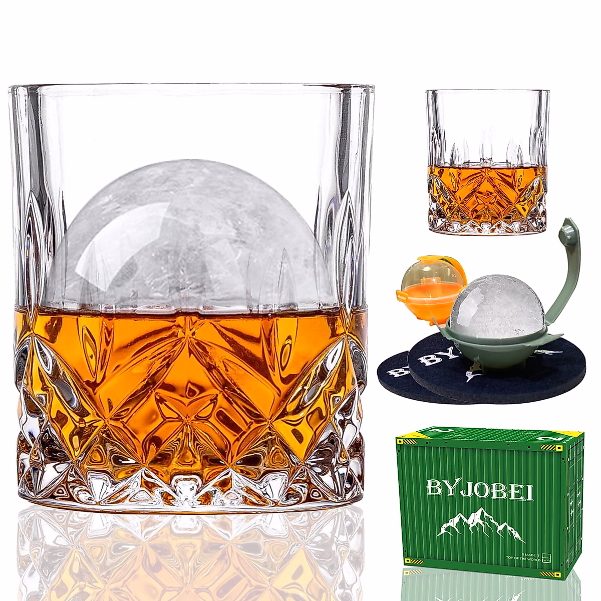 BYJOBEI Whiskey Rocks Glass, 2 Crystal Bourbon Glasses, 2 Ice Ball Molds 2 Coasters In Gift Box, 11 Oz Rock Barware for Bourbon Scotch Cocktail Vodka, Unique Gifts for Men
