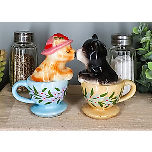 Ebros Ceramic Tabby And Tuxedo Black Kitty Cats In Teacups Kissing Salt And Pepper Shakers Set Valentines Tea Cup Cat Kittens Figurines Party Kitchen Tabletop Collectible Decorative Accents