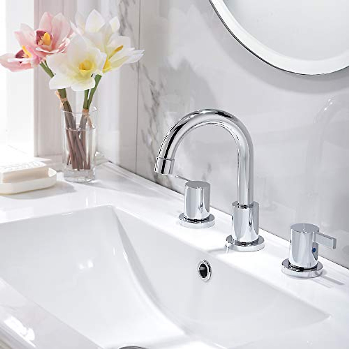 Widespread Bathroom Sink Faucet, 3 Hole 8 Inch Chrome Finish, Utility/Lavatory Modern Faucet with Pop Up Drain by Phiestina, WF015-1-C