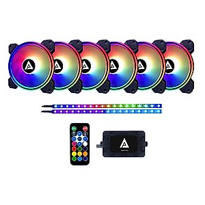 Apevia ET62-RGB Electro 120mm Silent RGB Color Changing LED Fan with Remote Control, 28x LEDs & 8X Anti-Vibration Rubber Pads w/ 2 Magnetic RGB Color LED Strips (6+2-pk)
