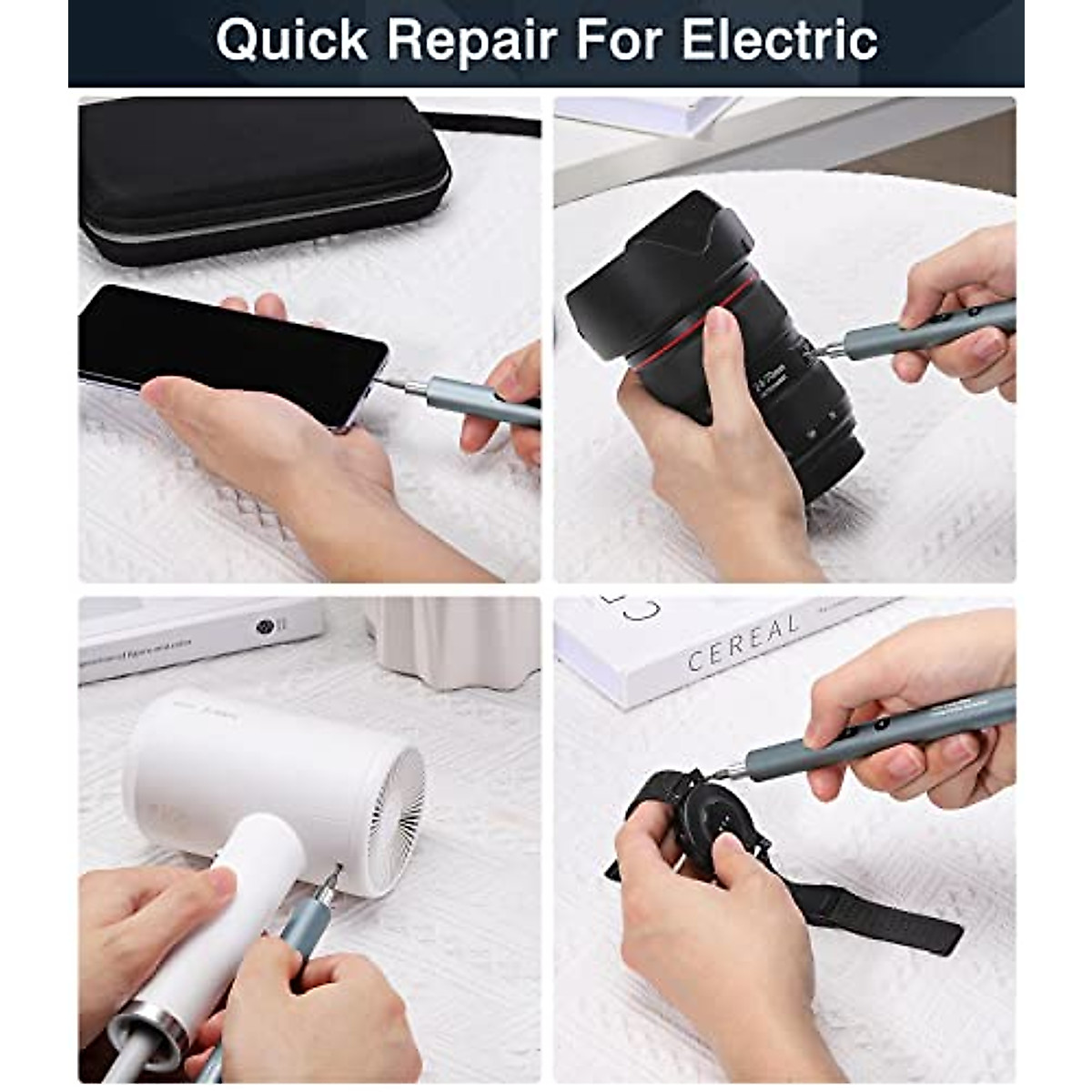 Housolution Mini Electric Screwdriver, 62 In 1 Magnetic Screwdriver with 48PCs Bits Small Cordless Electric Screwdriver Kit With Led Light, Handy Repair Tool for Phone Watch Camera Laptop, Gray