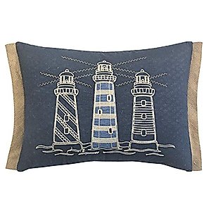 Comfy Hour 13" Polyester Ocean Coastal Three Lighthouses Accent Throw Pillow Cushion for Home Decoration, Blue, Ocean Voyage Collection