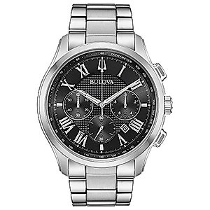 Bulova Men's Classic Wilton 3-Hand 21-Jewel Watch, 60 Hour Power Reserve, Luminous Hands, Open Aperture, Roman Numeral Markers Domed Sapphire Crystal, 43mm, Stainless Steel/Black Dial