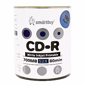 Smartbuy 100-disc 700mb/80min 52x CD-R White Inkjet Hub Printable Blank Media Disc + Black Permanent Marker