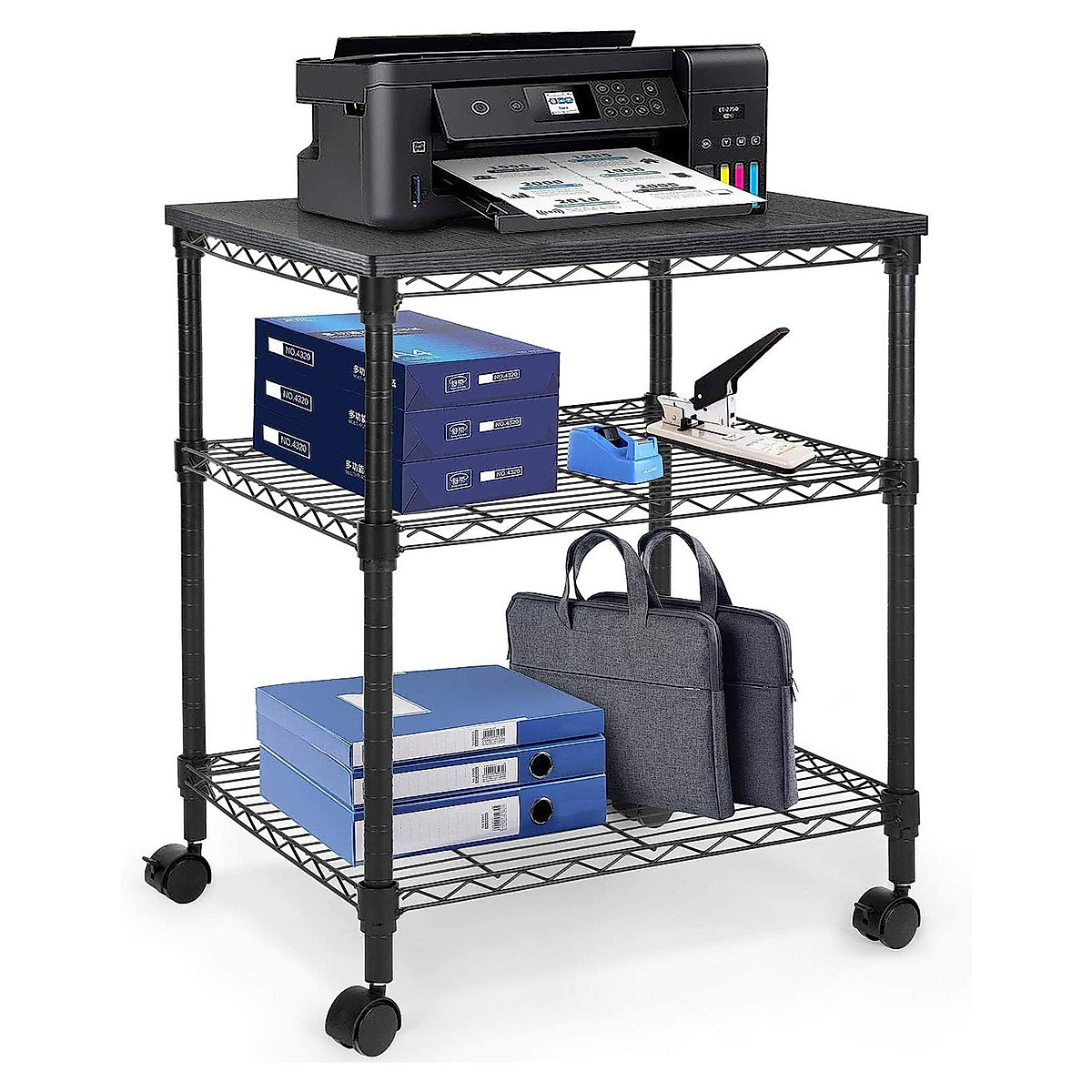 HUANUO Printer Stand, 3 Tier Printer Cart for Storage, Printer Table Holds up to 200lbs, Multifunctional Metal Utility Shelves, Workspace Desk Organizer, Rolling Cart for Home & Office Use, HNPS01