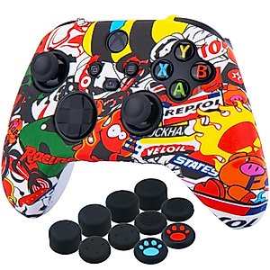 YoRHa Silicone Printing Thickened Cover Skin Case for Xbox Series X/S Controller x 1(Skull Graffiti II) with Thumb Grips x 10