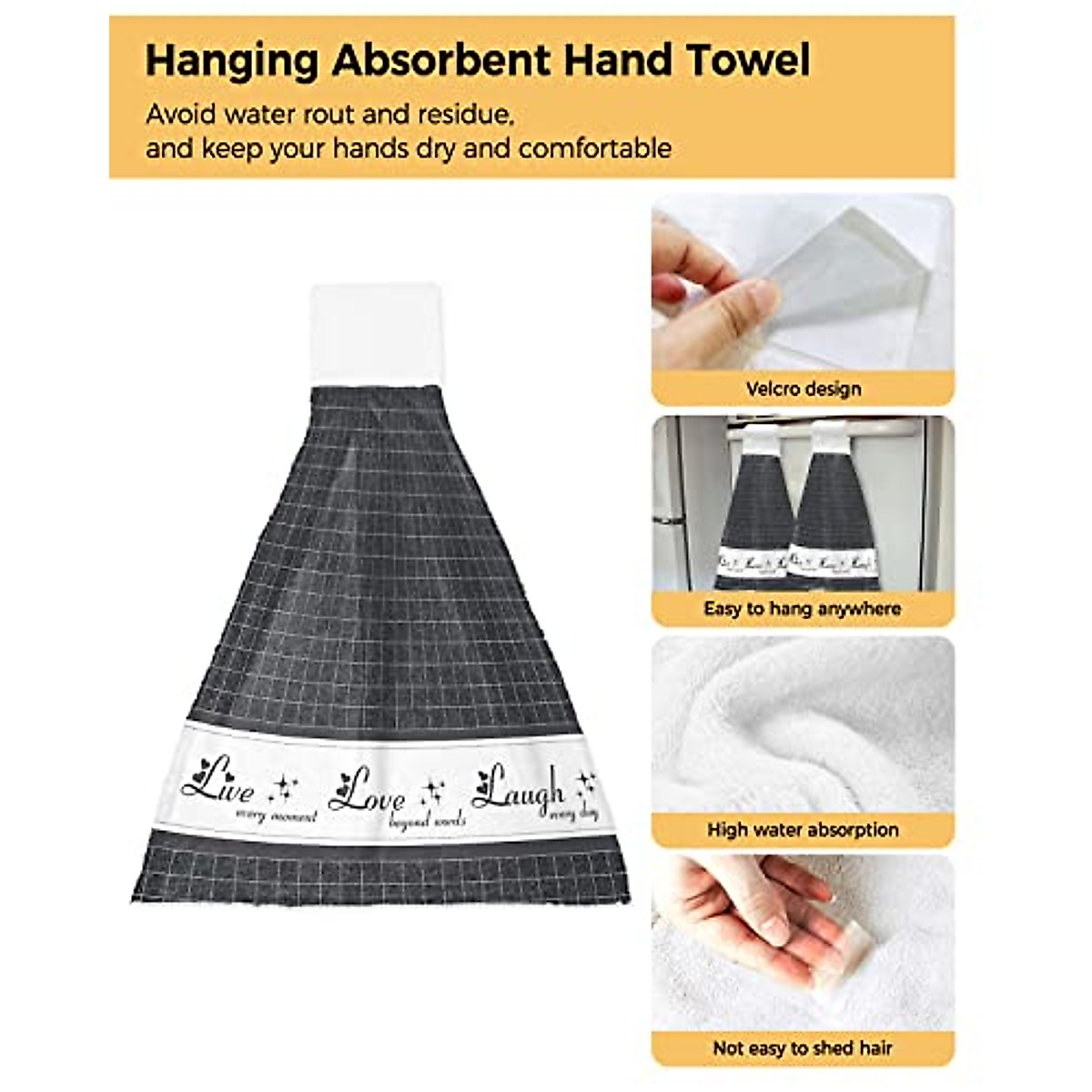 2 Pack Hanging Kitchen Hand Towels, Live Love Laugh Grey Hand Tie Towels with Hanging Loop, Gray Checkered Wall Art Modern Soft Absorbent Towels Set for Bathroom and Kitchen