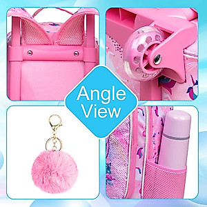 KLFVB Rolling Backpack for Girls, Kids Roller Wheels School Bookbag with Lunch Bag, Wheeled School Bag for Children - Unicorn