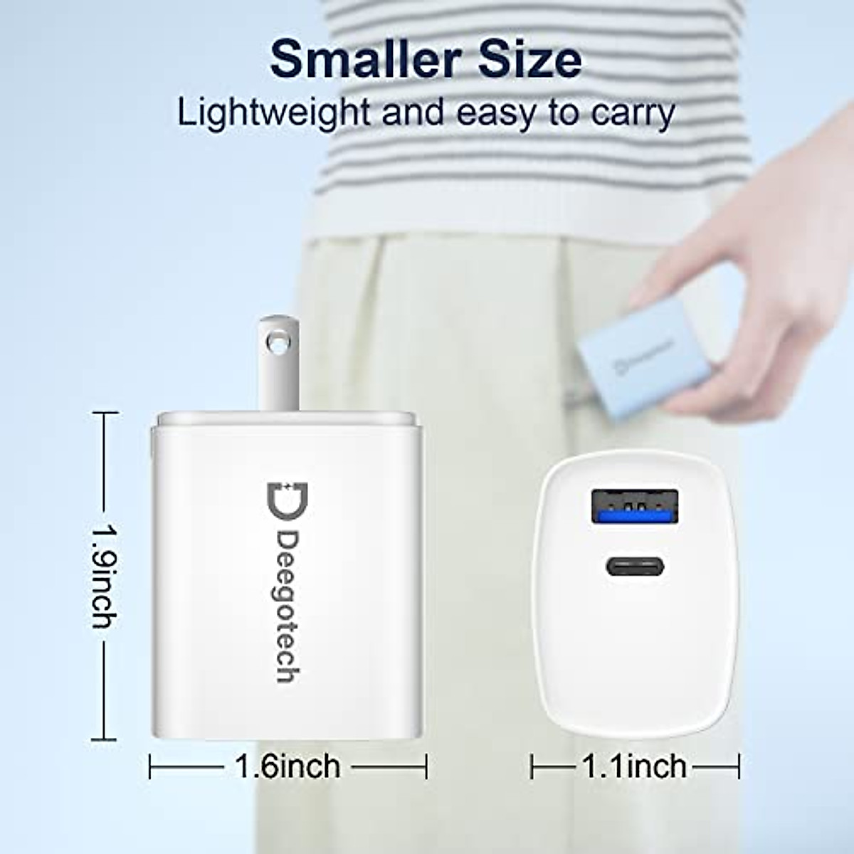 USB C Charger, Deegotech 20W PD iPhone Fast Charger, Dual Port Foldable Plug Type C Charger Compatible with iPhone 14/14 Pro/14 Pro max/13 Pro max/12/11/X/SE3, iPad Pro