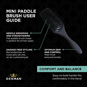 Denman (Black) Mini Paddle Cushion Hair Brush for Blow Drying, Detangling & On the Go Travel - Comfortable Styling, Straightening & Smoothing - For Women and Men, D84
