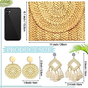 Saintrygo Women's Straw Clutch Purse and 4 Pairs Rattan Earrings Summer Beach Clutch Purse Handbag Straw Envelope Bag Wallet Woven Bag Geometric Tassel Woven Bohemian Earrings
