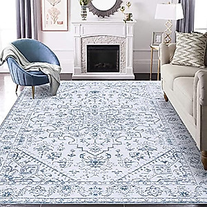 COZYLOOM 8x10 Area Rug Vintage Persian Medallion Rug Soft Indoor Carpet Oriental Distressed Rug for Living Room Bedroom Low Pile Anti Slip Backing Thin Rug Boho Accent Rug Non-Shedding Floor Carpet