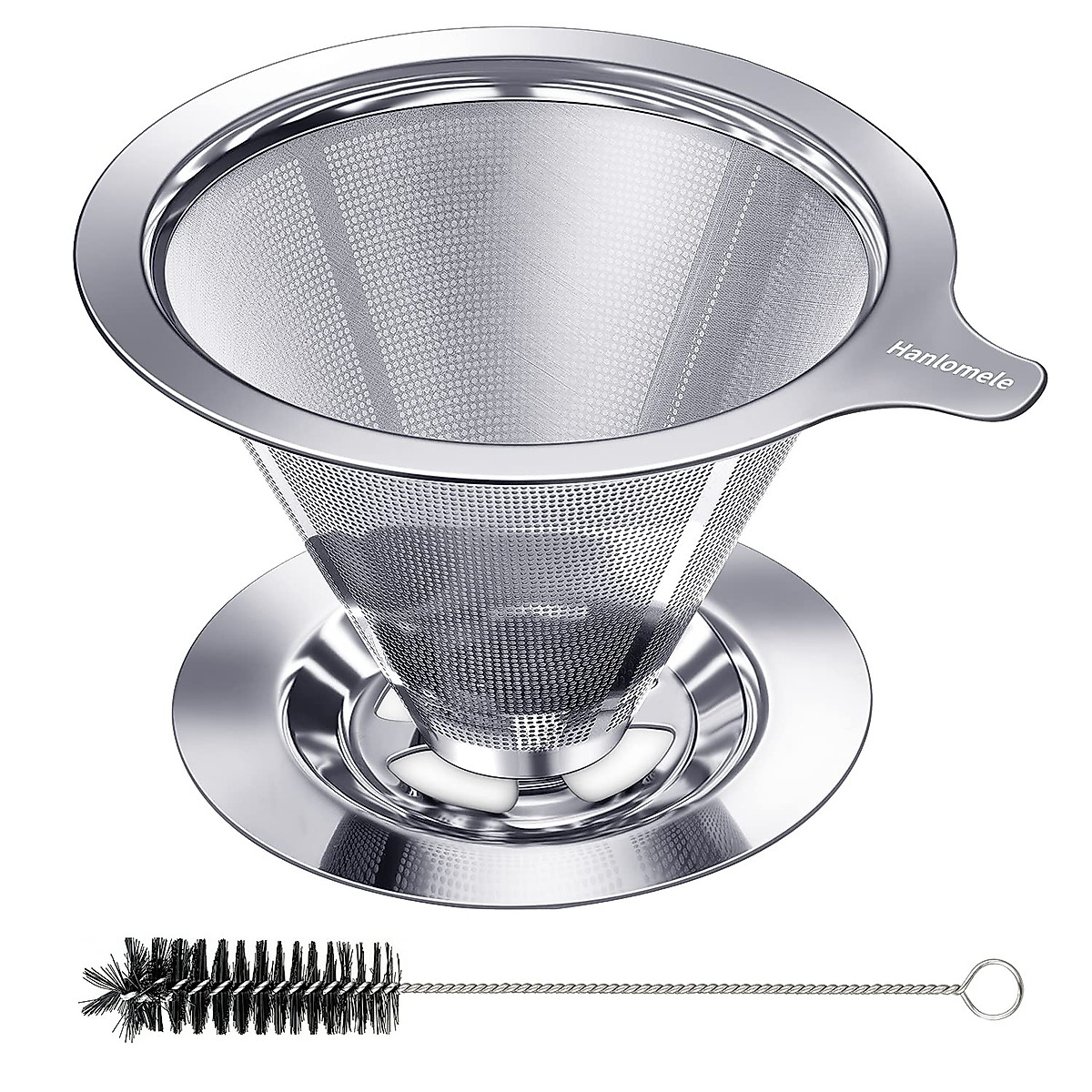 Hanlomele Pour Over Coffee Dripper, Paperless Reusable Coffee Filter, Pour Over Coffee Maker for Single Cup Brew, Double Mesh Design of Stainless Steel Cone Filter for Perfect Extraction (1-4 Cup)