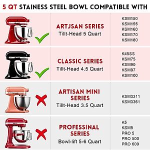 GGC Stainless Steel 5QT Mixing Bowl with Handle, Compatible with Kitchenaid 4.5-5 Quart Tilt-Head Stand Mixers, Multipurpose Kitchen Companion