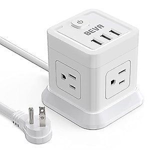 BEVA Power Strip with USB - 5ft Long Extension Cord with 4 Widely Spaced Outlets and 3 USB Ports Cube Desktop Charging Station, Overload Protection, Compact for Travel, Cruise Ship and Dorm