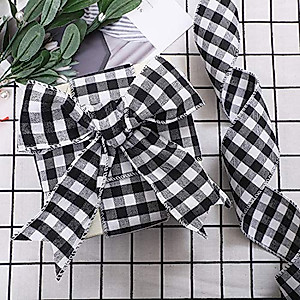 URATOT 2 Rolls Christmas White and Black Plaid Burlap Ribbon Christmas Wired Ribbon Gift Wrapping Ribbon for Christmas Tree Crafts Decoration, Floral Bows Craft, 236 by 2.48 Inches