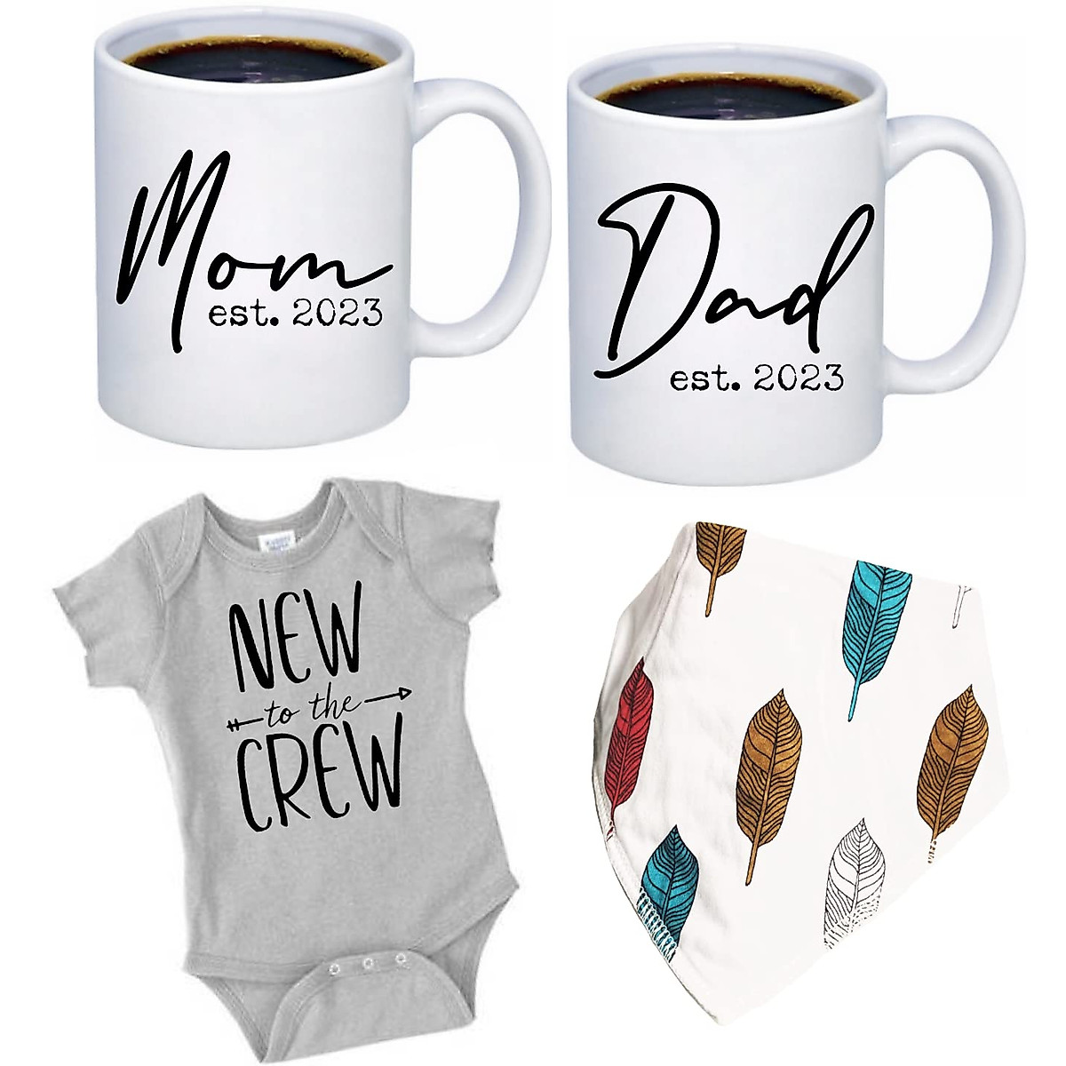 Tipit Drinkware Pregnancy Gift Est 2023 - New Parents Gifts Mommy and Daddy Est. 2023 11 Coffee Mug Gift Set,New to The Crew Romper (3M) - Top Mom and Dad Gift Set for New Parents to Be - Baby Shower