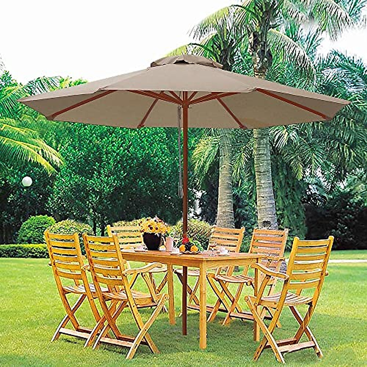 Yanika 9ft Wooden Patio Umbrella - Outdoor Umbrella with Stand - Outside Umbrella for Patio, Garden, Lawn, Deck, Backyard, Pool Yard, Beach Sunshade (Tan)