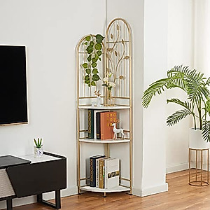 GOLASON Gold Corner Shelf with Storage, 3-Tier Tall Corner Bookshelf, Distinctive Plant Stand Flower Rack, Free Standing Display Shelving Unit for Living Room Kitchen Balcony (Gold and White)