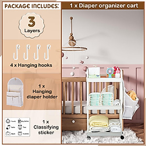 Barydat Baby Diaper Cart with Wheels and Handle 3 Tier Rolling Cart Diaper Organizer with Hanging Diaper Stacker Nursery Caddy Baby Organizer for Storage Baby Clothes, Wipes, Bibs, Changing Table Mats