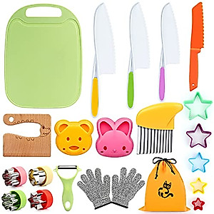 ZIJUND 22PCS Wooden Kids Kitchen Knife, Crocodile Kids Knife Set with Gloves Cutting Board Fruit Vegetable Crinkle Cutters Serrated Edges Plastic Toddler Knifes for Real Cooking Kid Safe Knives