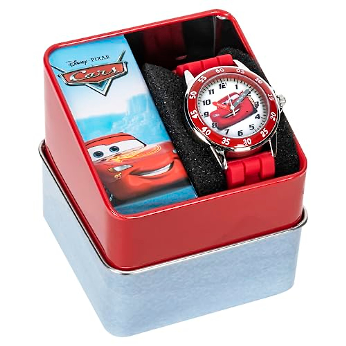 Disney Pixar Cars Kids' Time-Teaching Watch – Lightning McQueen Design with Red Silicone Strap, Easy-to-Read Dial, and Adjustable Fit for Wrists 5.5" to 8"