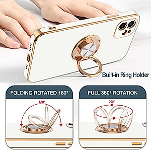 Hython Case for iPhone 12 Case with Ring Stand [360° Rotatable Ring Holder Magnetic Kickstand] [Soft Microfiber Lining] Plating Rose Gold Edge Shockproof Protective Phone Cases Cover for Women, White