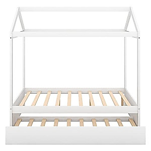 BIADNBZ Full Size House Platform Bed Frame with Trundle and Support Legs for Kids Bedroom, Wooden Playhouse BedFrame, Easy Assembly,White