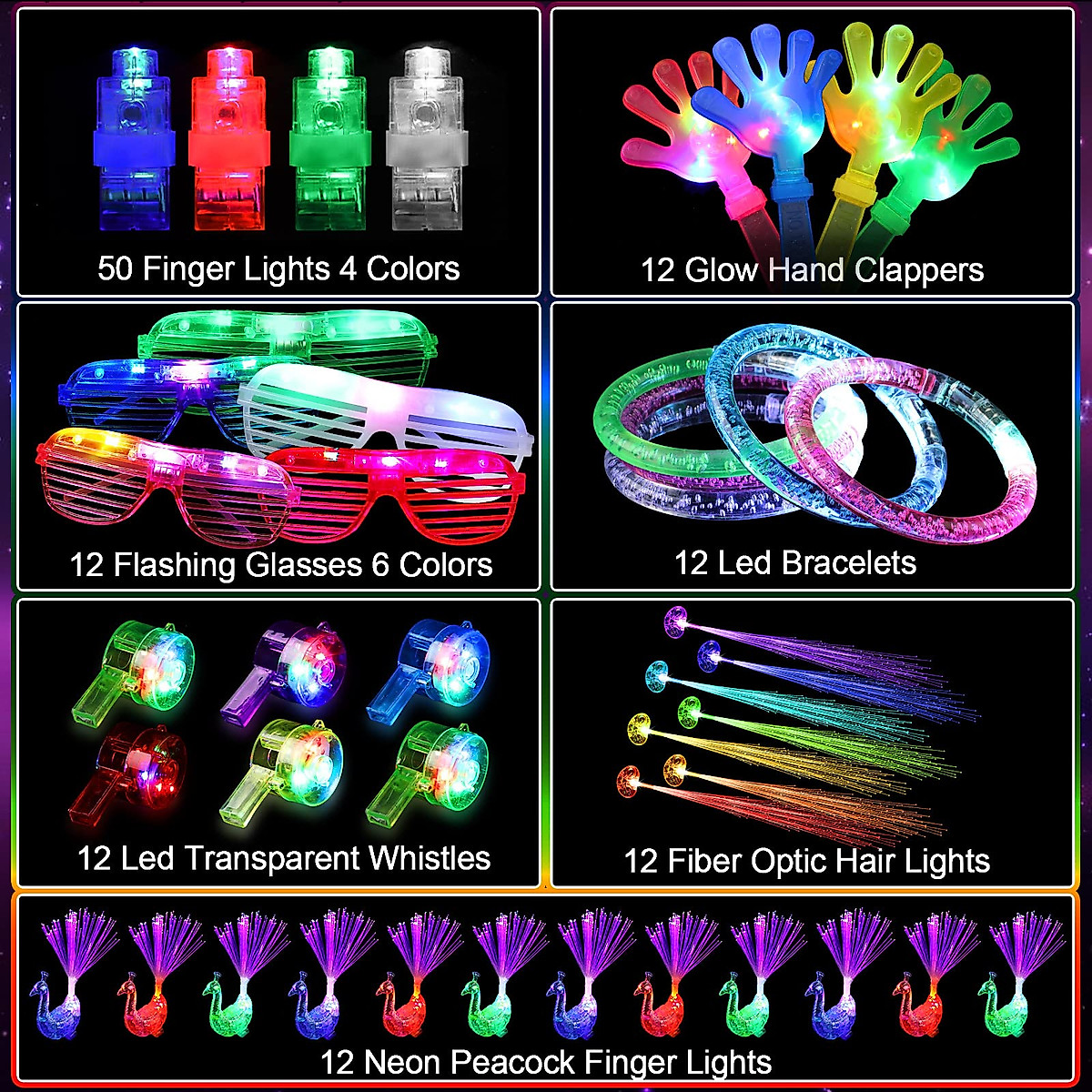 122 PCS Glow In The Dark Party Supplies Light Up Toy Party Favors with 12 Flashing Glasses LED Bracelets Flashing Hair Neon Peacock Finger Light LED Whistle Glow Hand Clappers and 50 Finger Lights