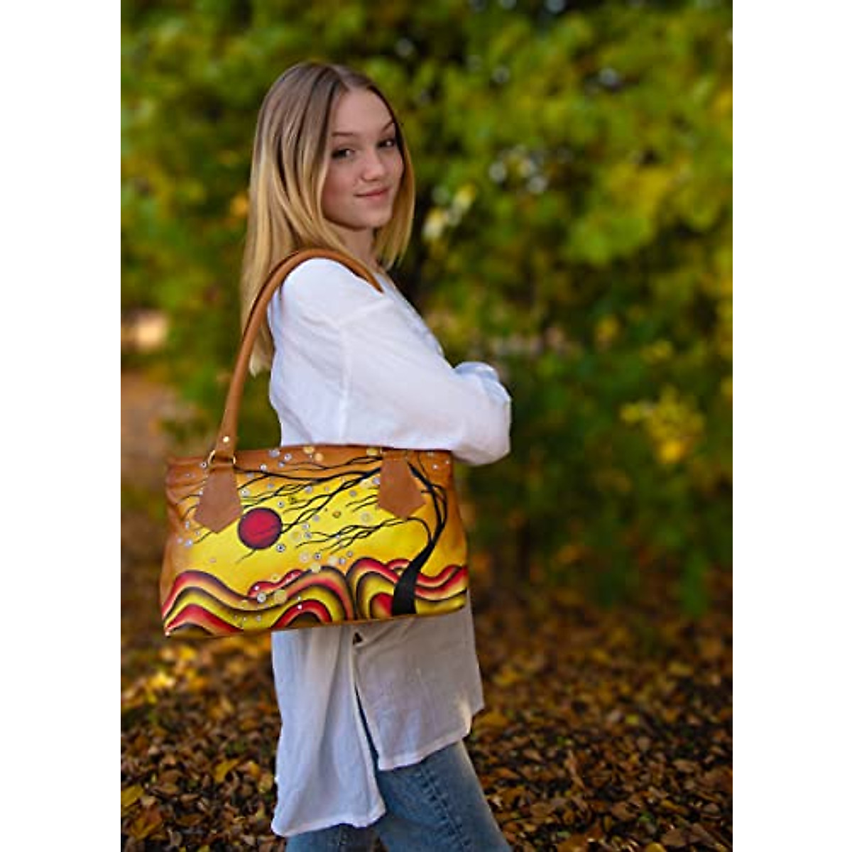 Evi's Bags Women's Hand Painted Genuine Leather Handbag - Shoulder Bag - Hobo, by Evi's Bags. Unique, Large, Handmade Purse - Satchel - Tote. Wearable Art - “Sun & WindIn Bag, Tan, Yellow, Red, Black