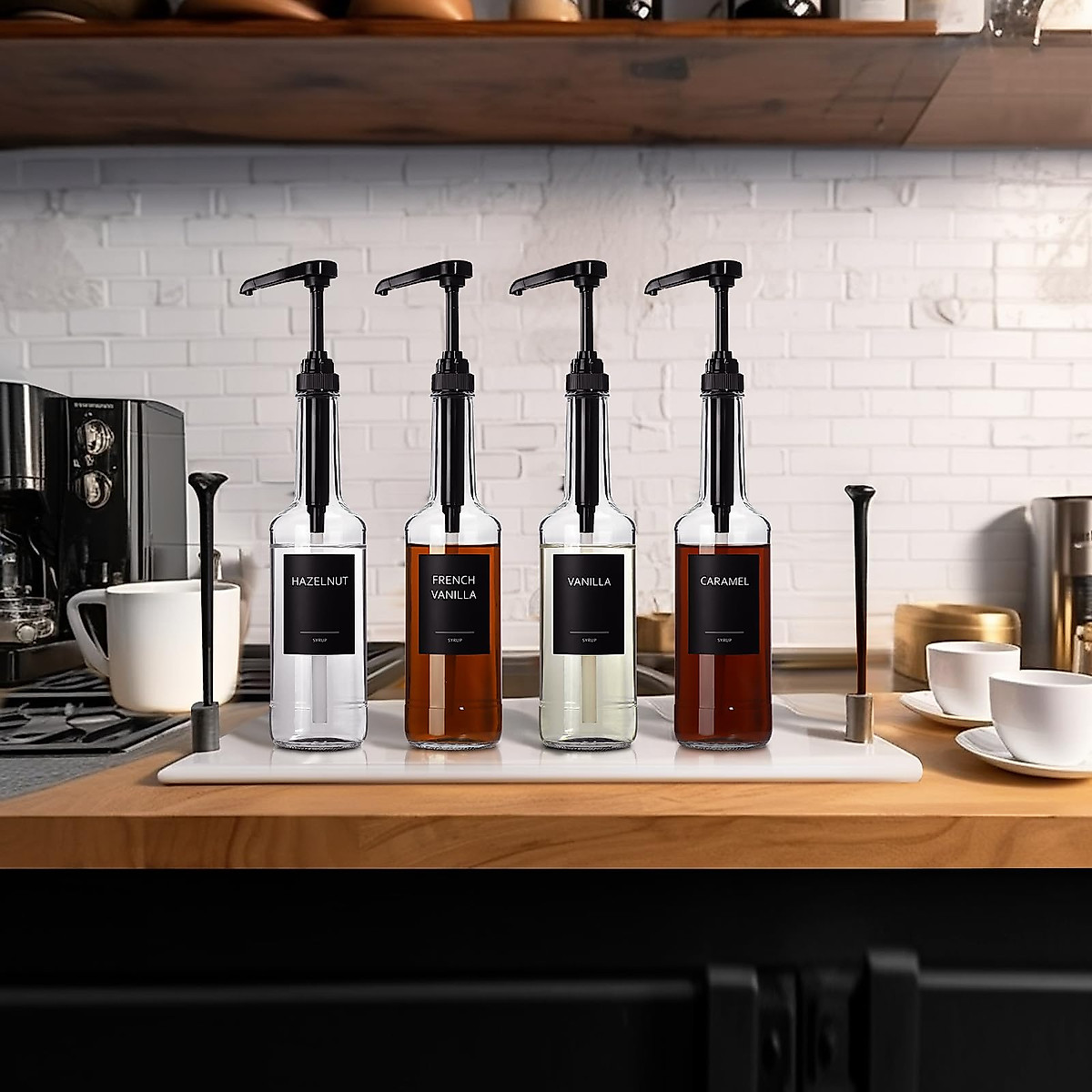 ALPIRIRAL 16oz Coffee Syrup Dispenser for Coffee Bar, Glass Syrup Dispenser with 1/4oz Large Capacity Pump, Black Syrup Bottles for Coffee Bar Accessories Decor and Organizer, 4 Pack,