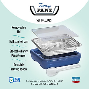 Fancy Panz Classic, Food Serving Tray, Made in the USA Foil Pan Carrier, Stackable Aluminum Pan Holders with Clear Lid, Travel Casserole Carrier With 1 Disposable Foil Pan & Serving Spoon, Denim Blue
