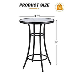 Kingdely Outdoor Bar Height Bistro Table, Round Tempered Glass Patio Table, Steel Frame Patio Furniture for Backyard, Lawn, Balcony, Pool, Black