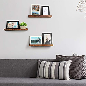 TJ.MOREE Picture Ledge Shelf Wall Mounted, Rustic Wood Photo Ledge Floating Shelves Set of 3, Floating Bookshelf Decor Vinyl Display for Living Room, Bedroom, Bathroom, Nursery - Carbonized Brown