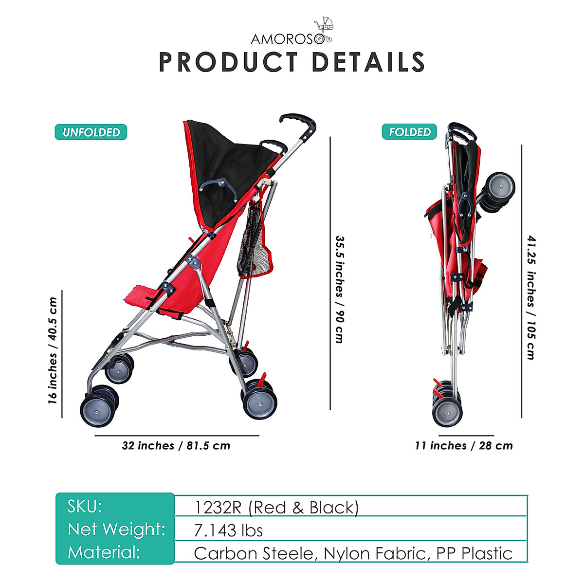 AmorosO Single Umbrella Stroller for Toddler, Travel Stroller for Babies - Sunlight and Light Rain Protection - Baby Stroller with Four EVA Wheels - Travel-Ready Stroller - Round Canopy (Red/Black)