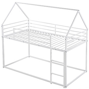 Bunk Bed Twin Over Twin Junior Metal Floor Bunk Bed with Ladder, House Shaped Bunk Bed Frame for Kids Boys Girls, No Box Spring Needed