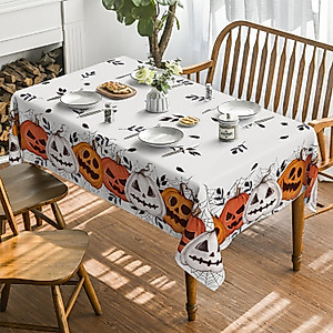 Horaldaily Halloween Tablecloth 60×84 Inch Rectangular, White Orange Jack-O-Lantern Pumpkin Cobweb Washable Table Cover for Party Picnic Dinner Decor