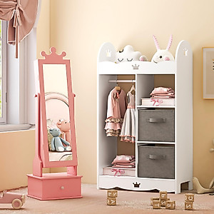 Costzon Kids Jewelry Armoire Cabinet, 45” Standing Jewelry Organizer with Full-Length Mirror, 3 Storage Drawers, Kids Vanity Dress Up Mirror Jewelry Cabinet for Girls (Pink)