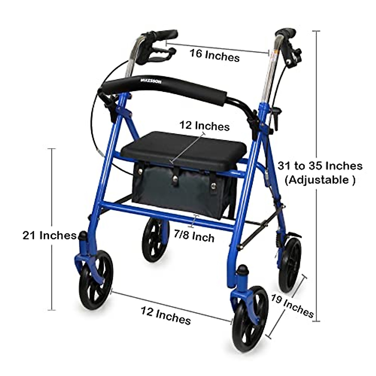 McKesson Rollator Walker with Seat and Wheels, Steel, 300 lbs Weight Capacity, Blue, 1 Count