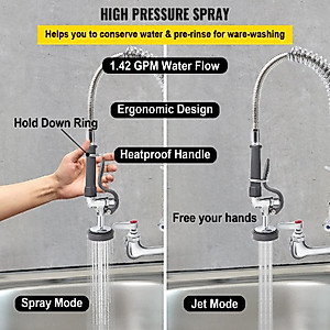 VEVOR Commercial Faucet Pre-Rinse with Sprayer, 8in Adjustable Center Wall Mount Kitchen Faucet with 12" Swivel Spout, 36" Height Compartment Sink Faucet for Industrial Restaurant, Lead-Free Brass