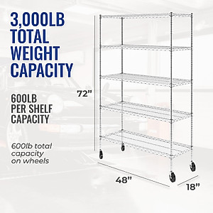 SafeRacks - NSF Certified Storage Shelves, Zinc, Heavy Duty Steel Wire Unit with Wheels and Adjustable Feet, Garage or Bakers Rack, Kitchen, Pantry Shelf - (18"x48"x72" 5-Tier) (Silver)