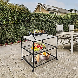 KarweuSu 3-Tier Shelf Food Preparation BBQ, Outdoor Cook Adjustable Station Table with Wheels, Heightened Bottom Grill Serving Cart Movable Trolley Storage (with Handle)