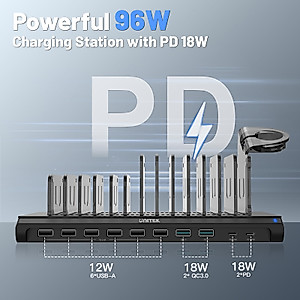 Multi USB Charging Station Unitek 96W 10 Ports Fast Charging Dock with 2 QC 3.0 & 2 PD 18W Charger Station Organizer for Multiple Devices Designed for iPad, iPhone, Tablet, iwatch, Laptop