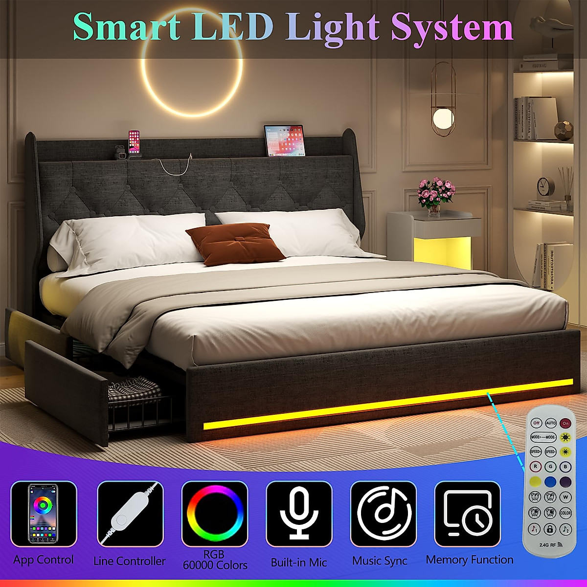 Loomie King Bed Frame with 4 Storage Drawers & Charging Station, Upholstered Platform Bed with Button Tufted Wingback Storage Headboard,LED Footboard,No Box Spring Needed,Wood Slats Support,Dark Grey