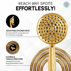 ShowerMaxx, Luxury Spa: ImperialShine Gold Hand Held Shower Head, 5 inch 6 Spray Settings Handheld Showerhead with Extra-Long Hose, Experience Comfort and Elegance (Polished Brass/ImperialShine Gold)