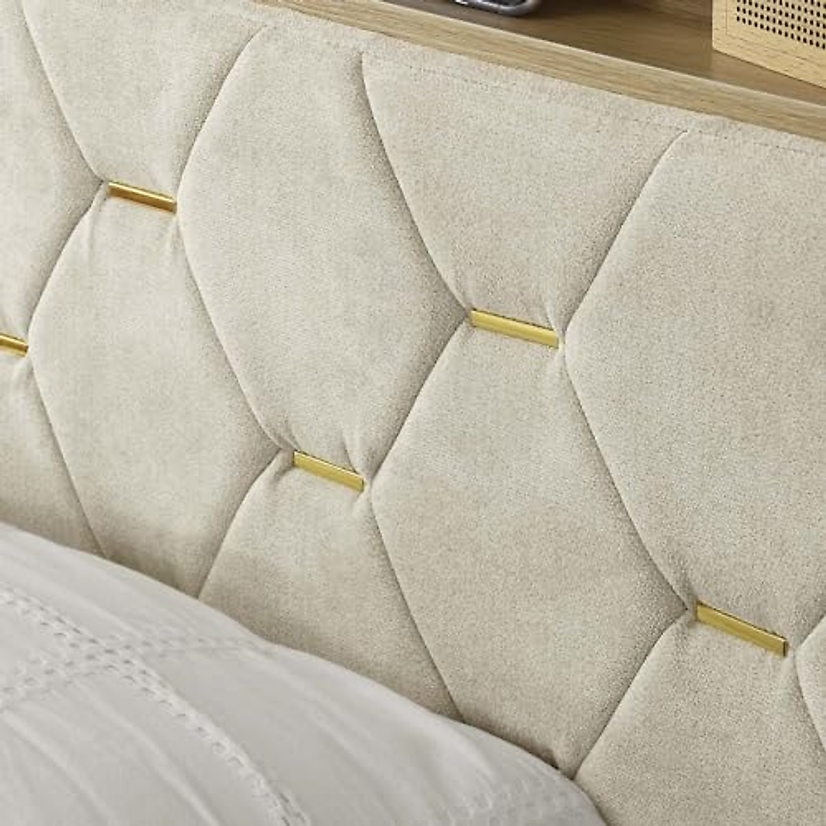 Gee Wuo Queen Size Upholstered Platform Bed, Platform Bed Frame with Outlets and USB Ports, Modern Upholstered Storage Headboard, Solid Wood Legs, No Box Spring Bed for Bedroom (Beige, Queen)