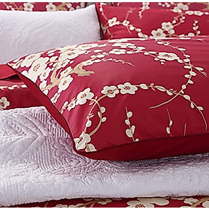 Brandream King Size Duvet Cover Set Japanese Oriental Style Cherry Floral Red Blossom Flower Branches Print Chinoiserie Bedding Pillowcases Set 800TC Egyptian Cotton Sateen Botanical Tree 3 Piece