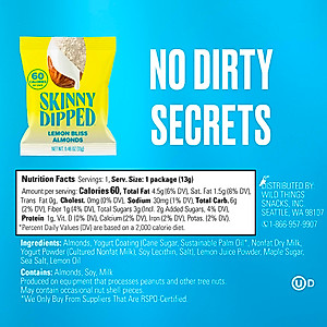 SkinnyDipped Lemon Bliss Yogurt Covered Almonds, Healthy Snack, Plant Protein, Gluten Free, 0.46 Ounce (Pack of 24)