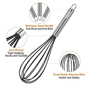 NileHome Whisk Commercial Whisks Stainless Steel & Silicone Non-Stick Coated Small Whisk Set 8" 10" 12" Kitchen Wisk Wire Whisks for Cooking 3 Pack, Black