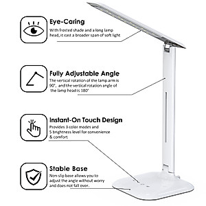 RensanR LED Desk Lamp, Desk Light with USB Charging Port, 3 Color Modes, 5 Brightness Level, Dimmable Table Lamp Reading Lamp, Sensitive Control,Eye-Caring Office Lamp